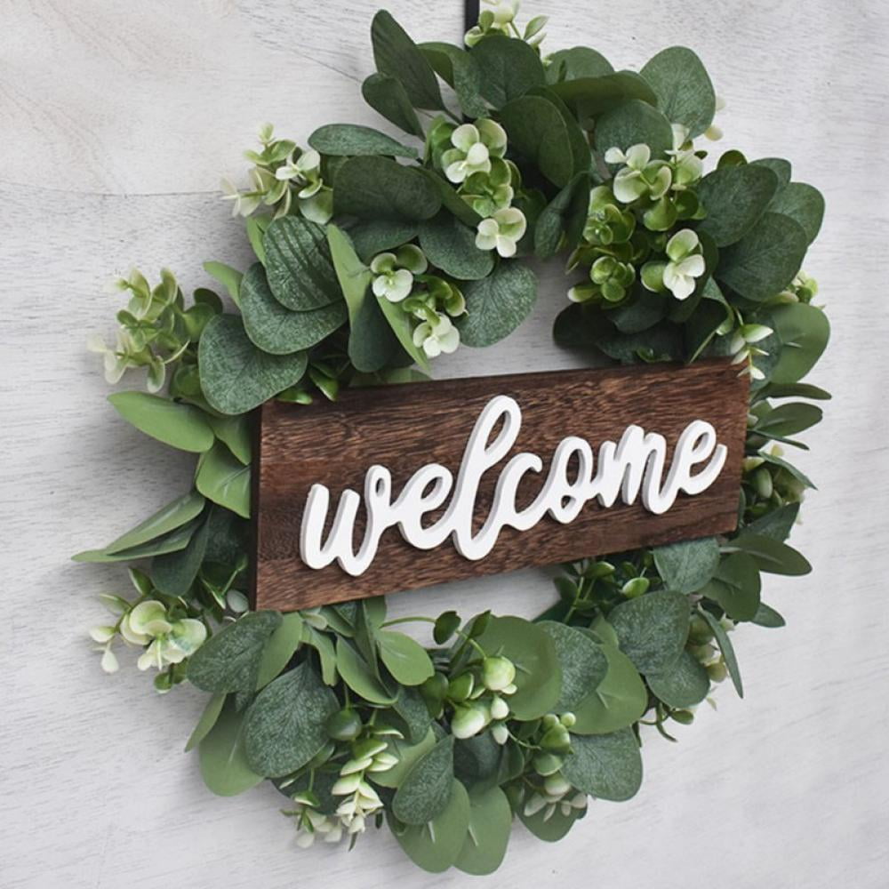 Welcome Sign With Artificial Wreath Front Door Decor Round Wooden ...
