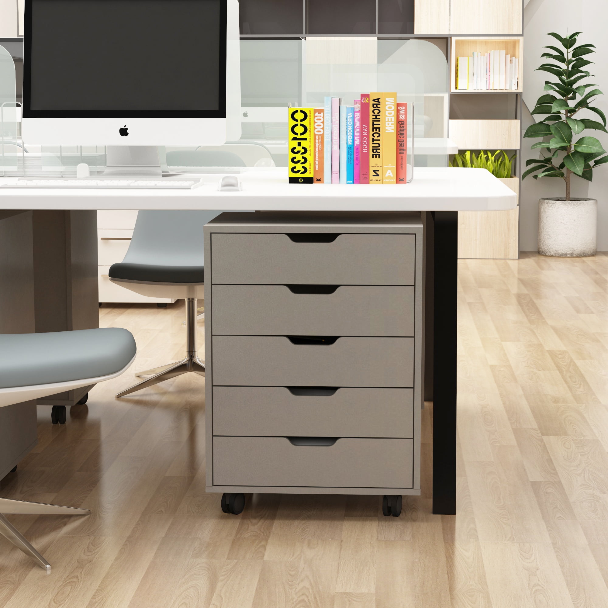Office File Cabinet with Movable Casters, Wooden Storage Cabinet with 5 ...