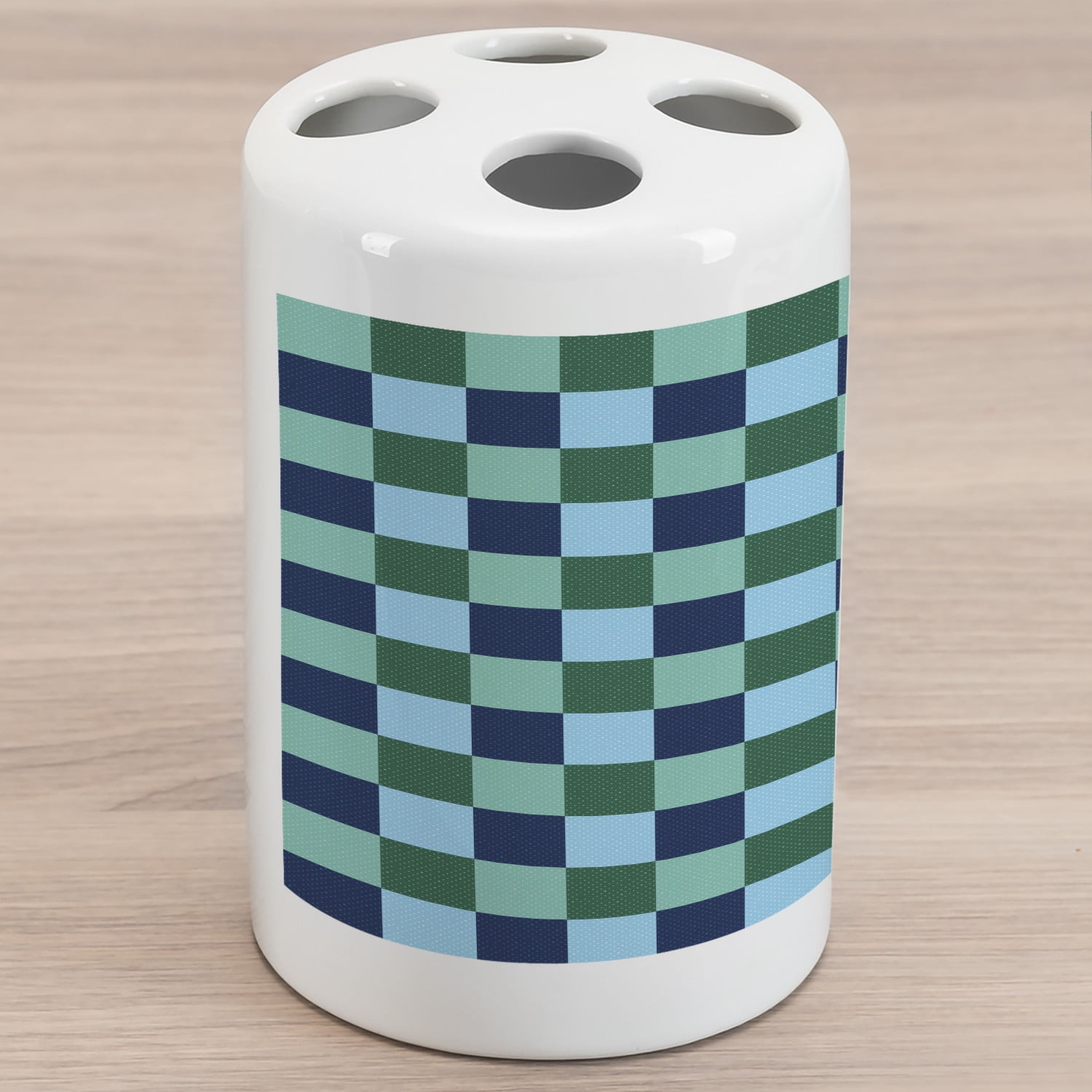 Navy and Teal Ceramic Toothbrush Holder, Aquatic Colored Squares with ...