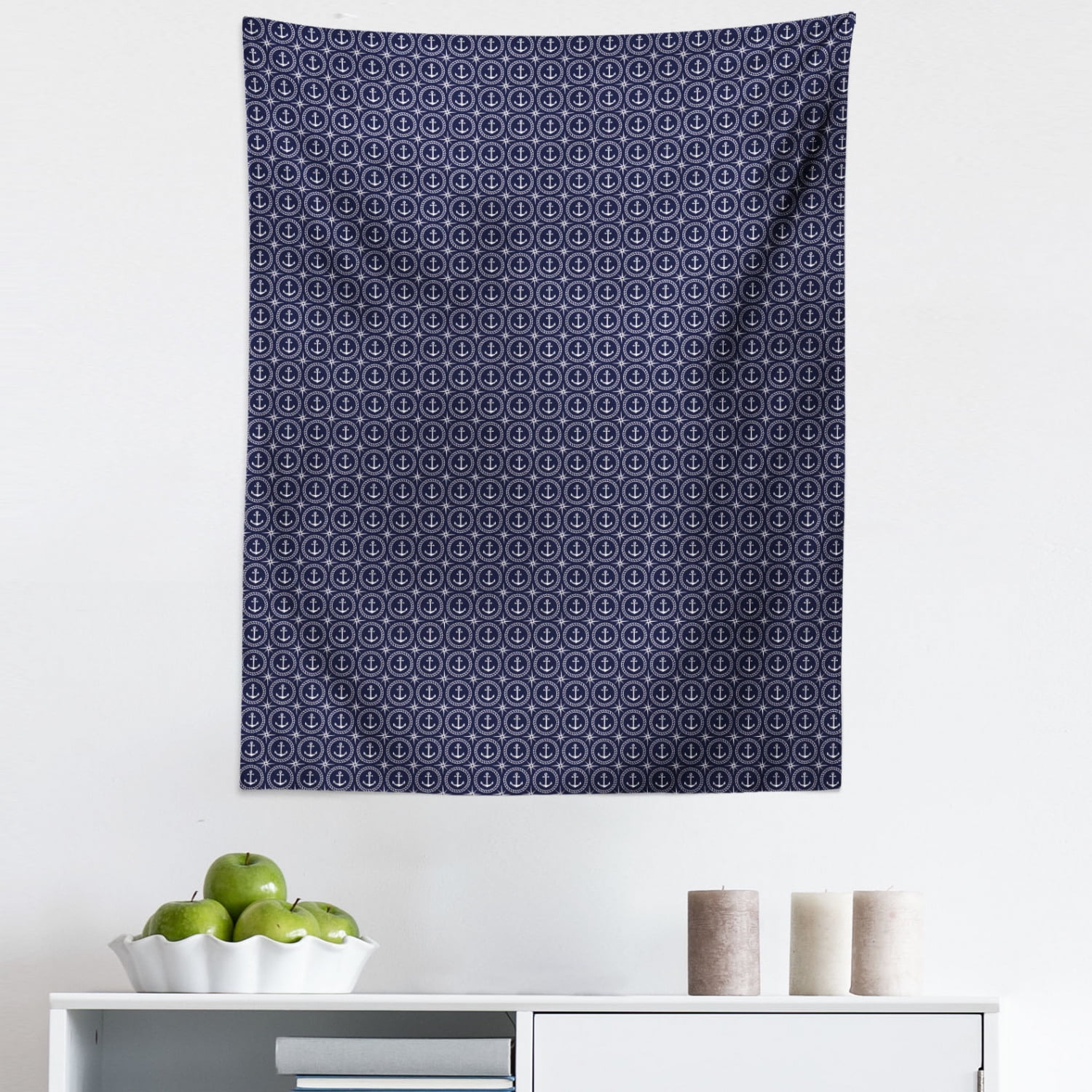 Navy Blue Tapestry, Windrose Anchor Circular Nautical Composition ...