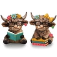 2 Pack - Bookish Cow Figurine Set - Two-Piece Wooden Reading Cow Decor ...