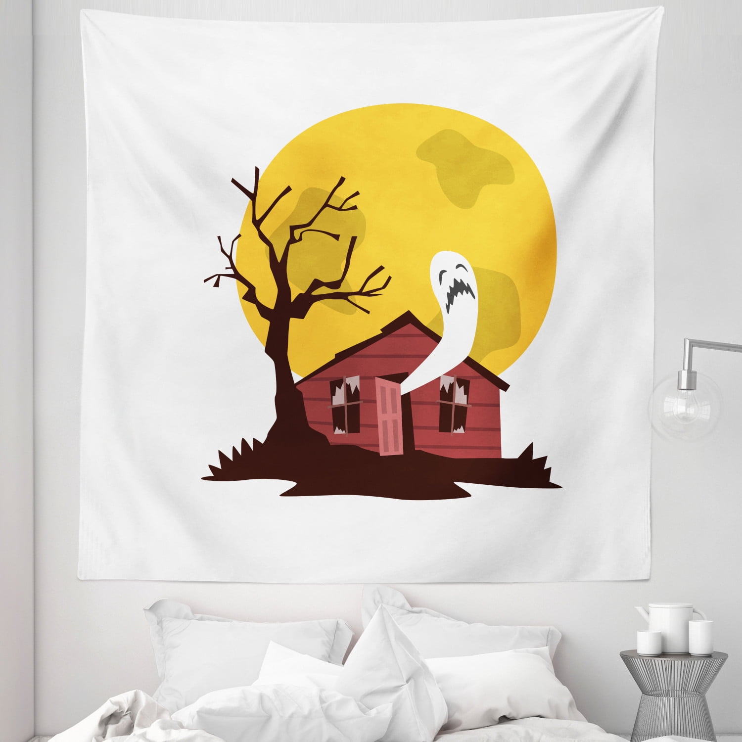 Ghost Tapestry, Haunted House Moaning Moon Scary Ghoulish Drawing ...