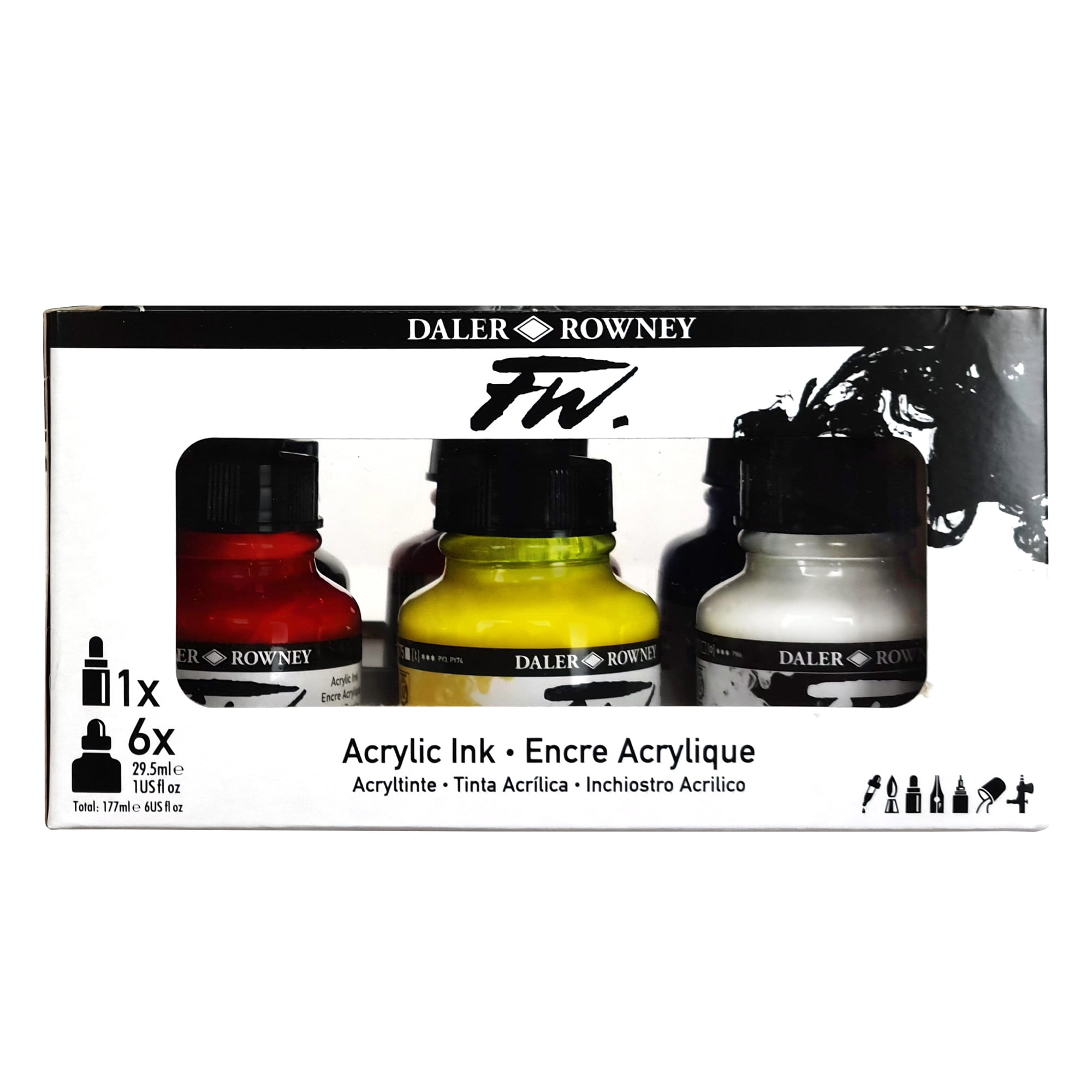 Daler-Rowney FW Acrylic Artists Ink Set, 1 oz. Bottles, Primary Colors ...