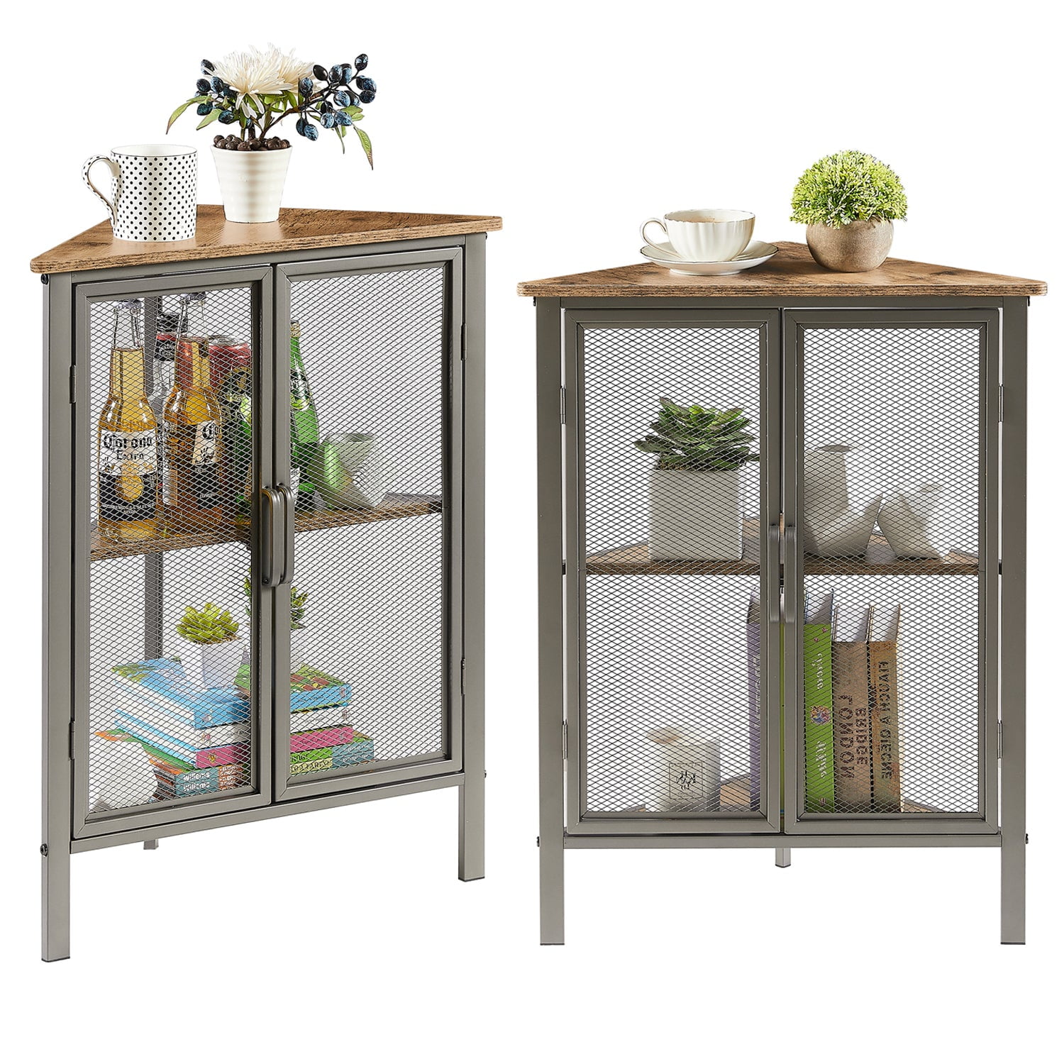 VECELO Set of 2 Corner Storage Cabinet with Dual Door, Wood Floor ...