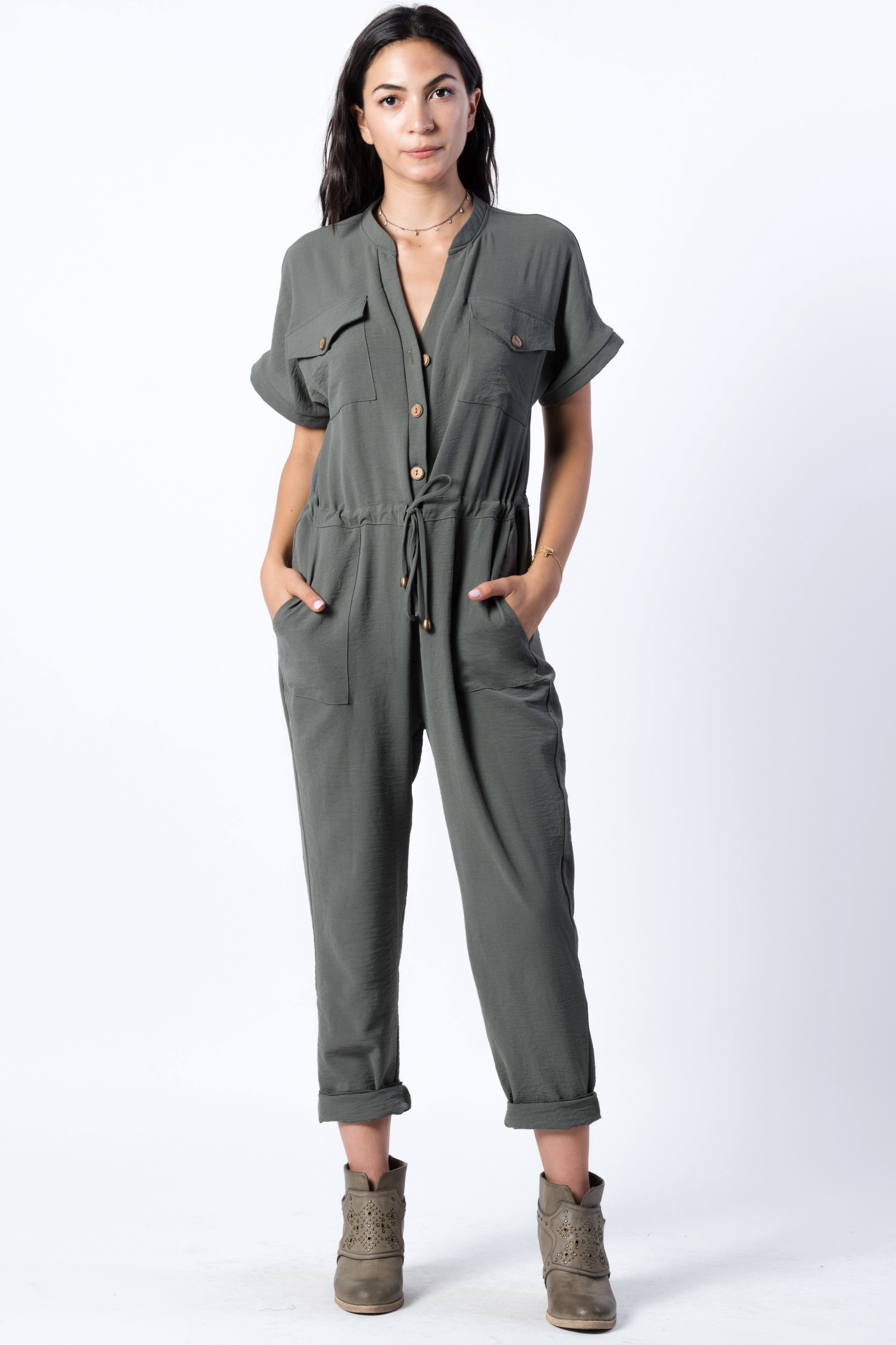 Abby Utility Inspired Button Up Jumpsuit With Pockets - Walmart.com