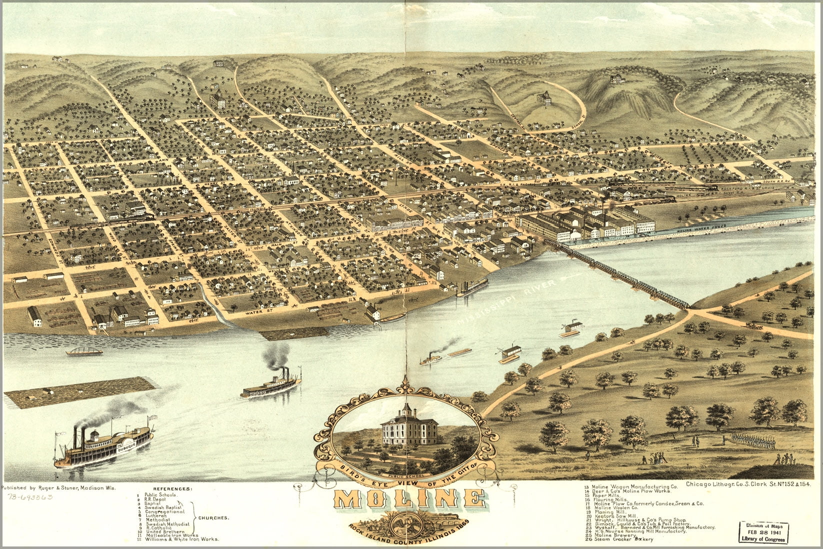 24"x36" Gallery Poster, Birdseye view map of Moline, Illinois 1869 ...