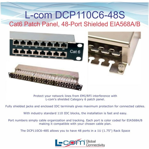 L-Com DCP110C6-48S Cat6 Patch Panel, 48-Port Shielded EIA568A/B ...