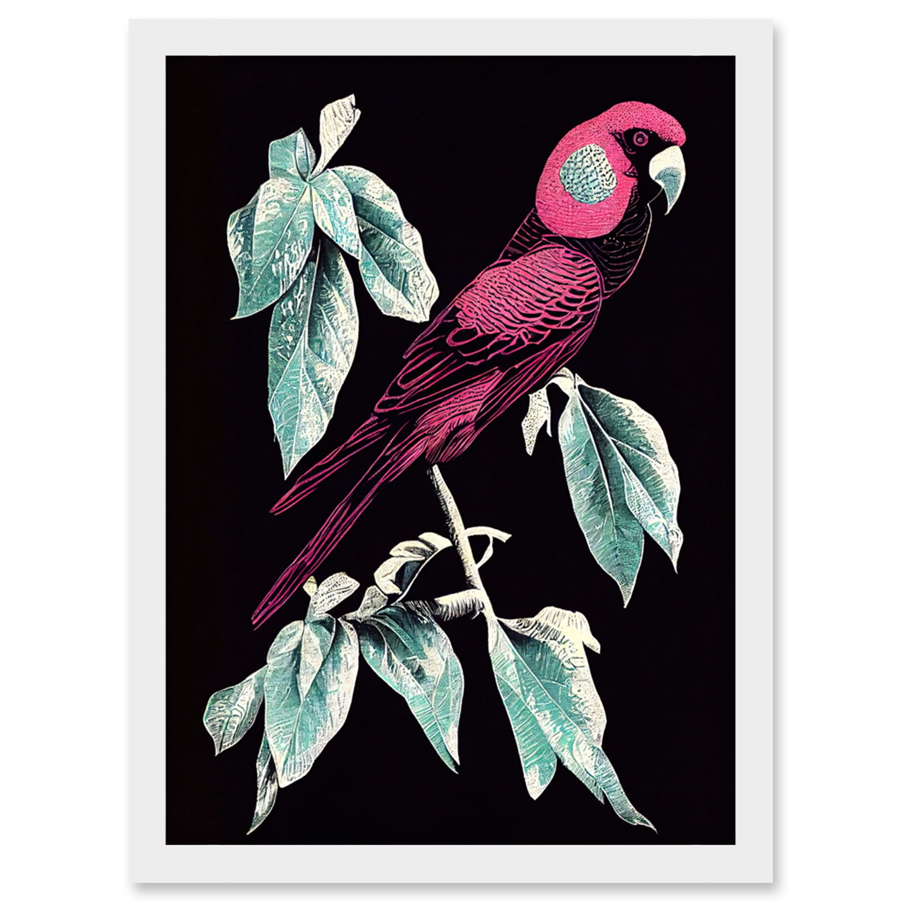 Coral Parrot On Tree Branch Silver Linocut Illustration Modern Vibrant ...