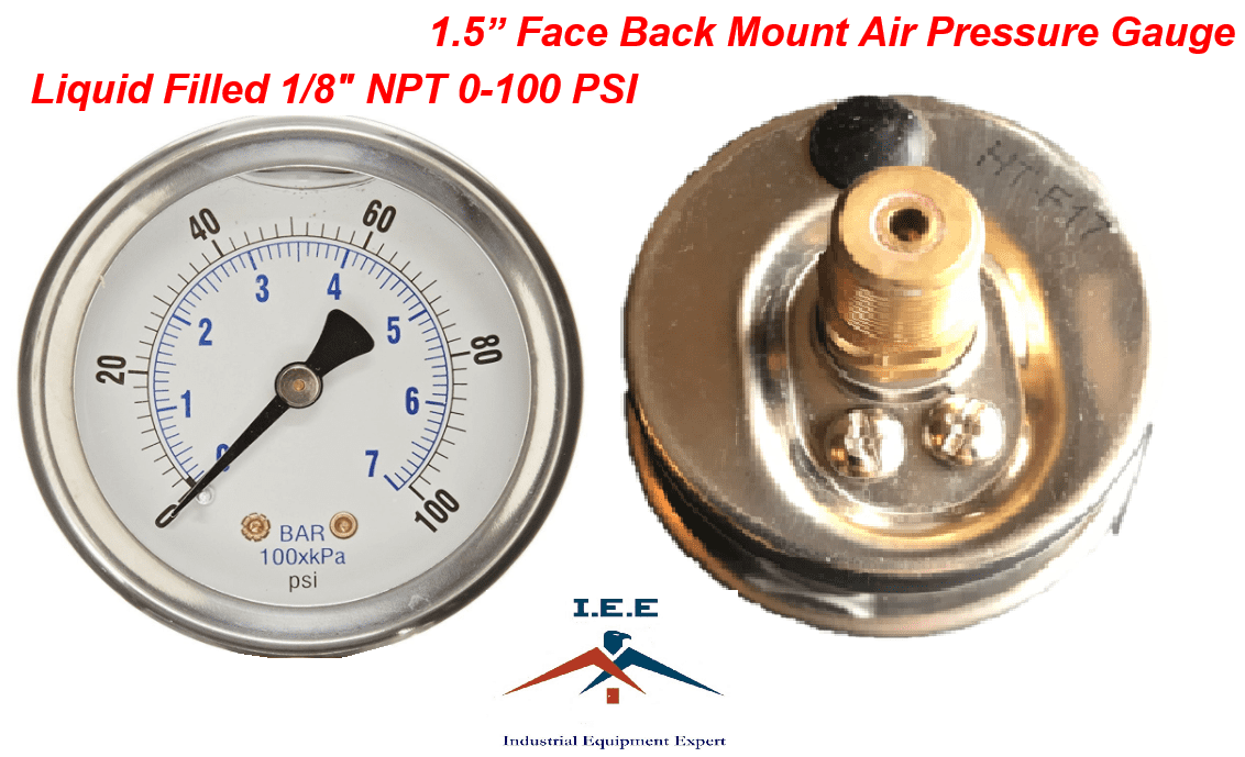 Liquid Filled 1.5" Face 0-100 PSI Air Pressure Gauge Back Mount 1/8 ...
