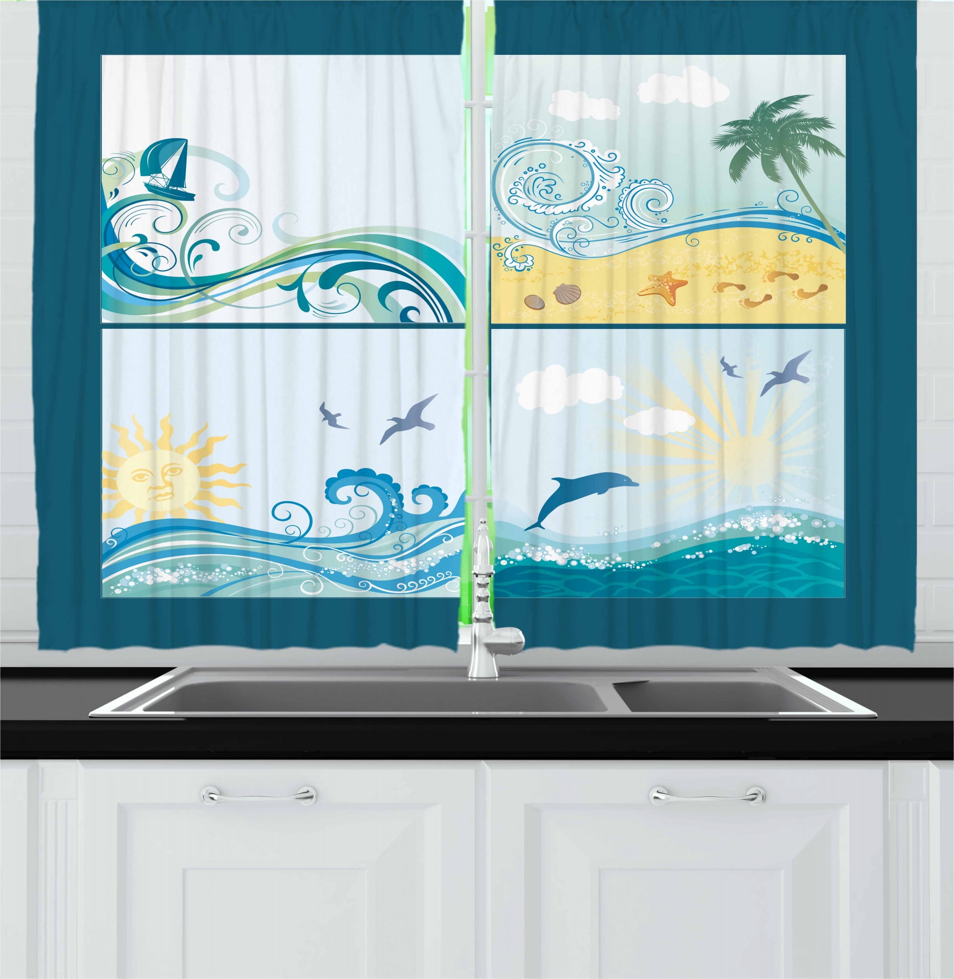 Beach Kitchen Curtains, Maritime Themed Frames with Waves Sun Trees ...
