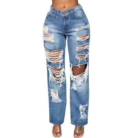 Women Loose Ripped Jeans Destroyed Denim Pants High Waist Distressed ...