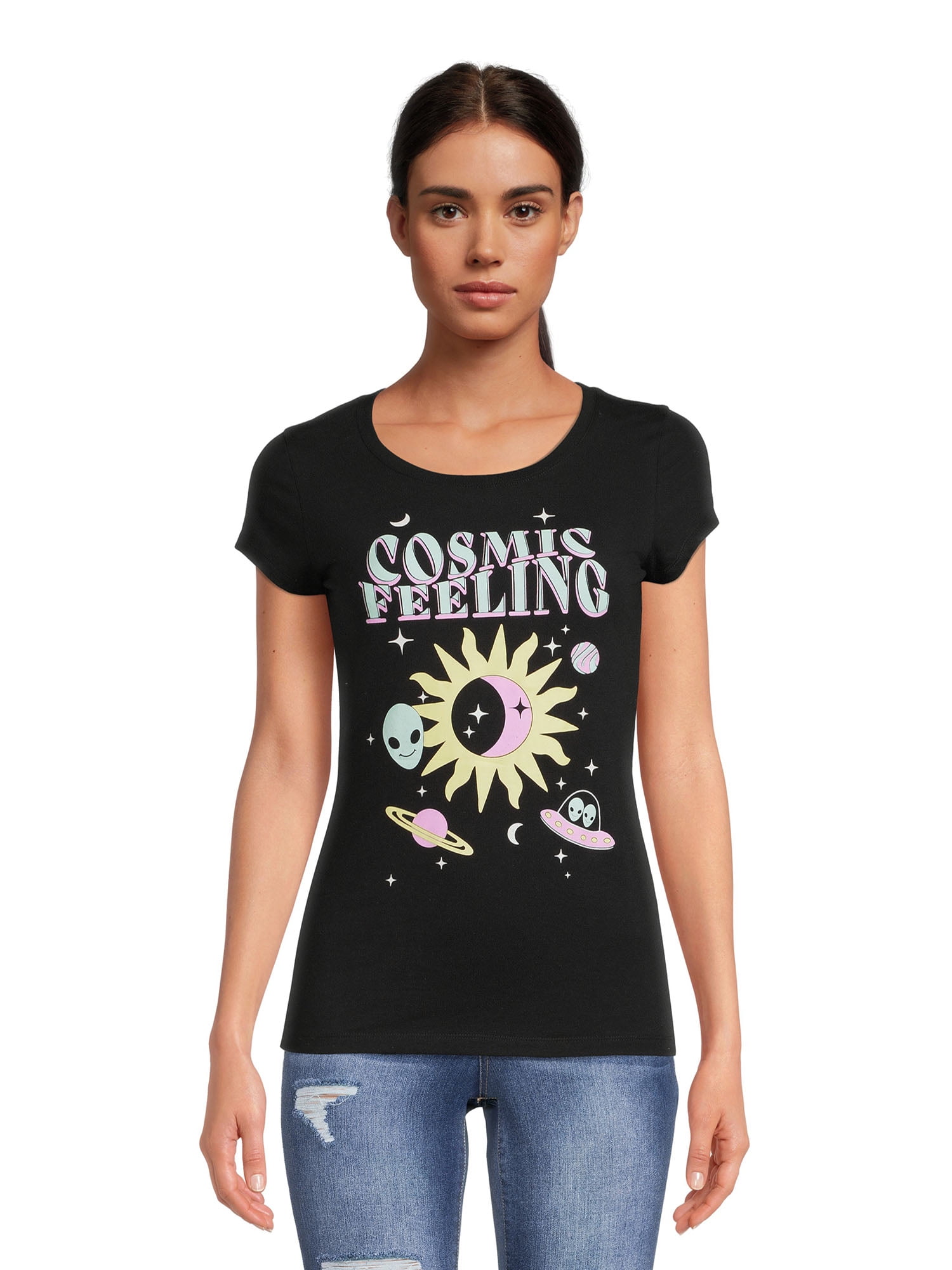 Wound Up Juniors Cosmic Feeling Short Sleeve Graphic T-Shirt - Walmart.com
