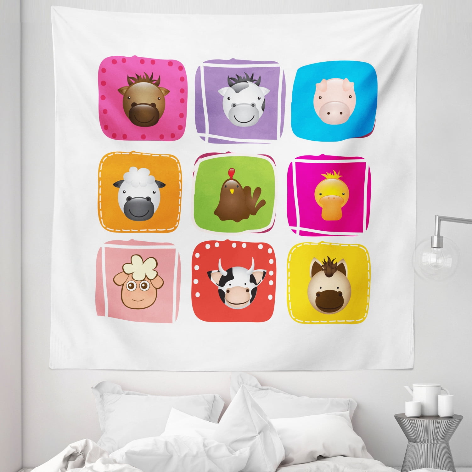 Cartoon Tapestry, Geometric Pattern with Squares Animal Faces Horse ...