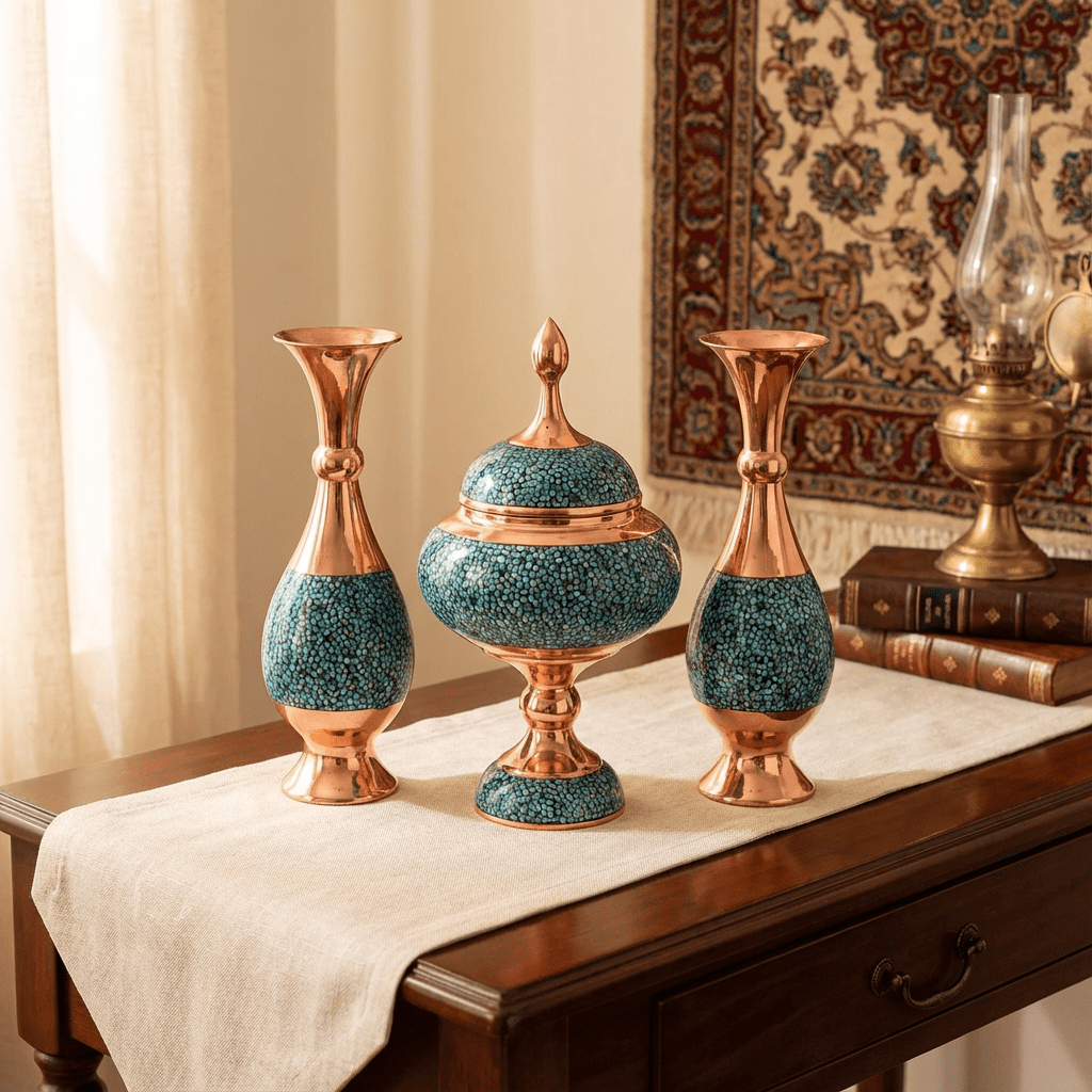 Handcrafted Turquoise Inlaid Copper Dish & Vase Set (Firoozeh Koobi ...