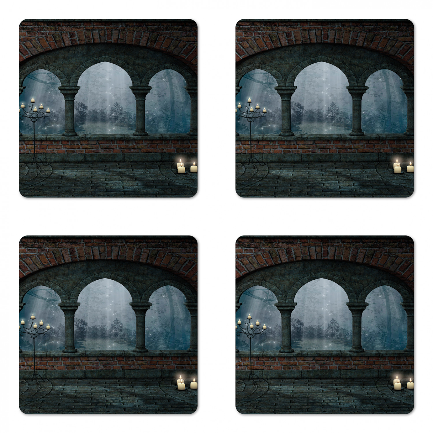 Gothic Coaster Set of 4, Medieval Castle at Night with Old Arch and ...