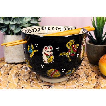 Colorful Oriental Fans Ramen Noodles Soup 5"D Bowl With Chopsticks Set ...