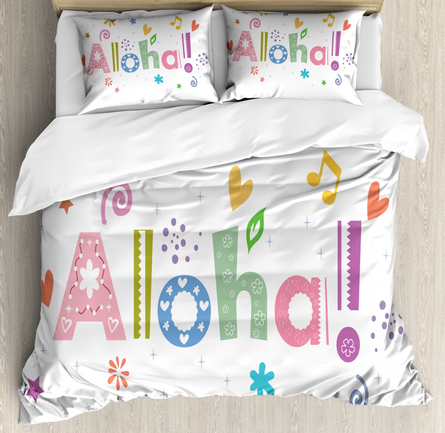 Aloha Duvet Cover Set Queen Size, Colorful Fun Wording Illustration ...