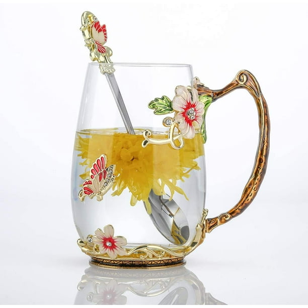 Enamel Craft Glass Flower Tea Cup - Lead-Free Coffee Mug with Spoon ...