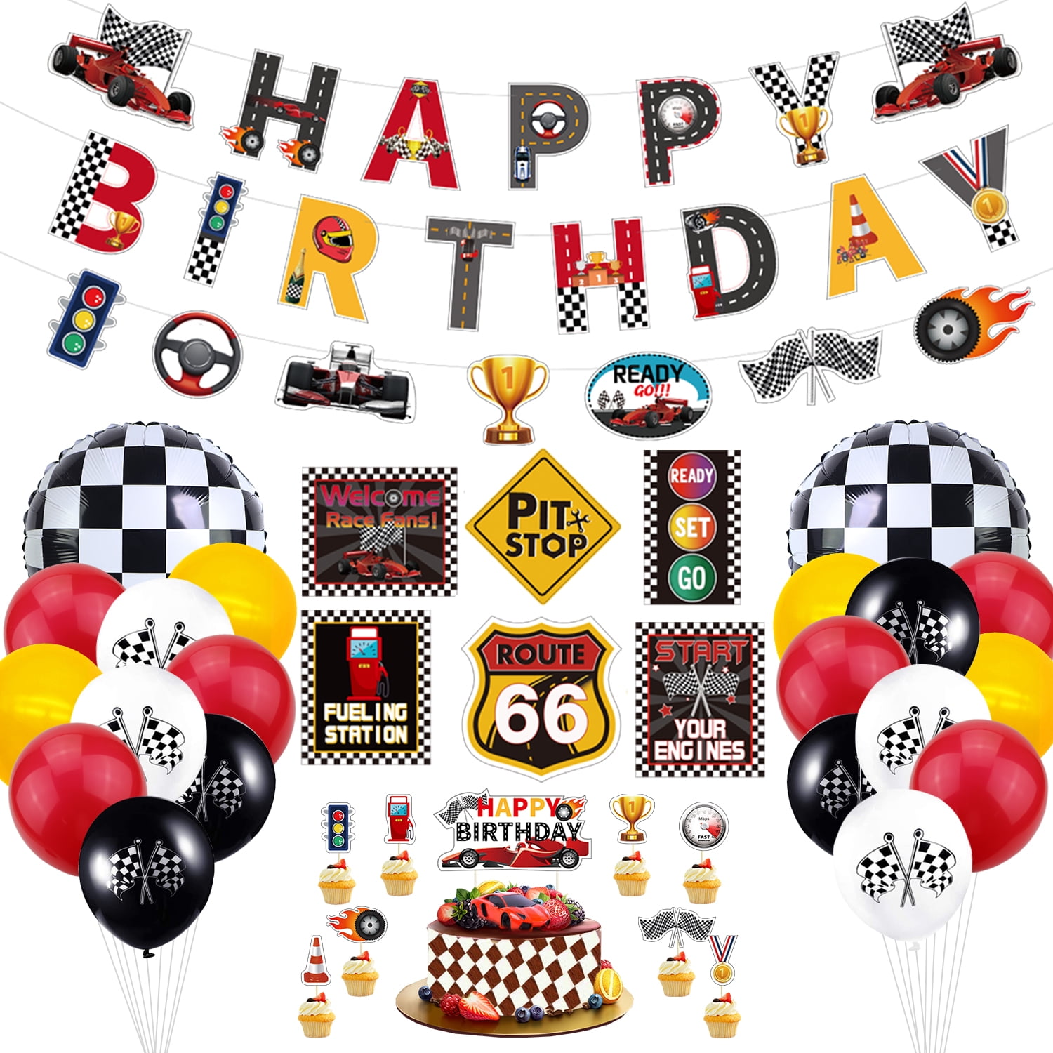 Race Car Birthday Party Decorations - Racing Birthday Banner, Checkered ...