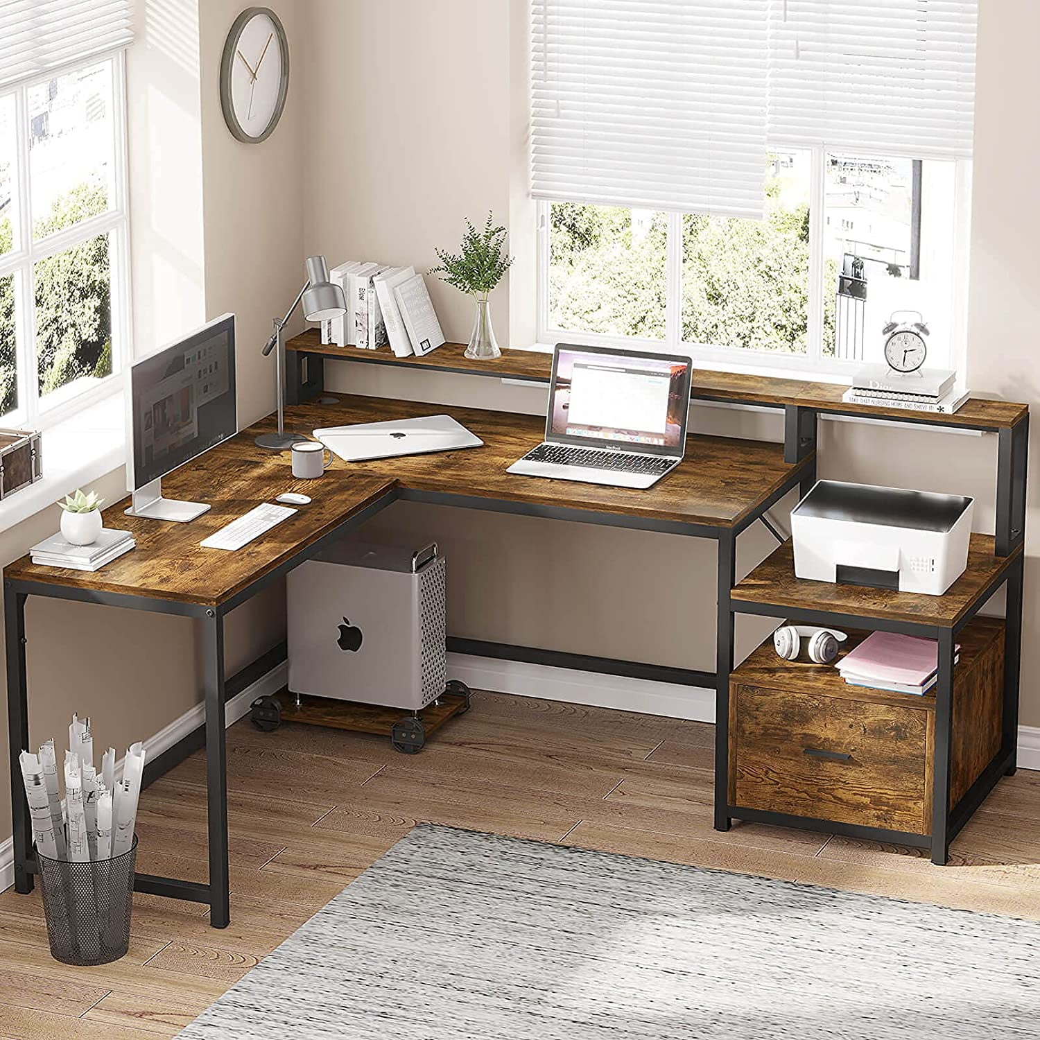 Buy Sedeta L Shape Desk with Hutch, Storage and File Drawer, 66 ...