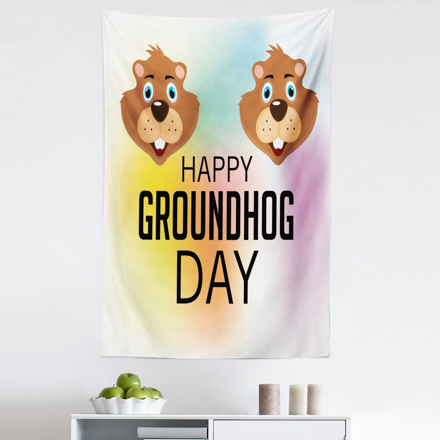 Groundhog Day Tapestry, Happy Cartoon Marmot Heads on Blurry Colored ...