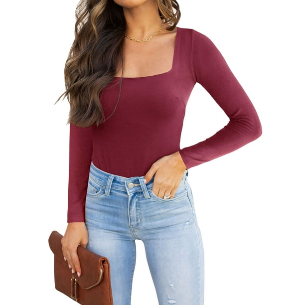 Reoria Womens Bodysuit Sexy Square Neck Long Sleeve Tops Burgundy Red