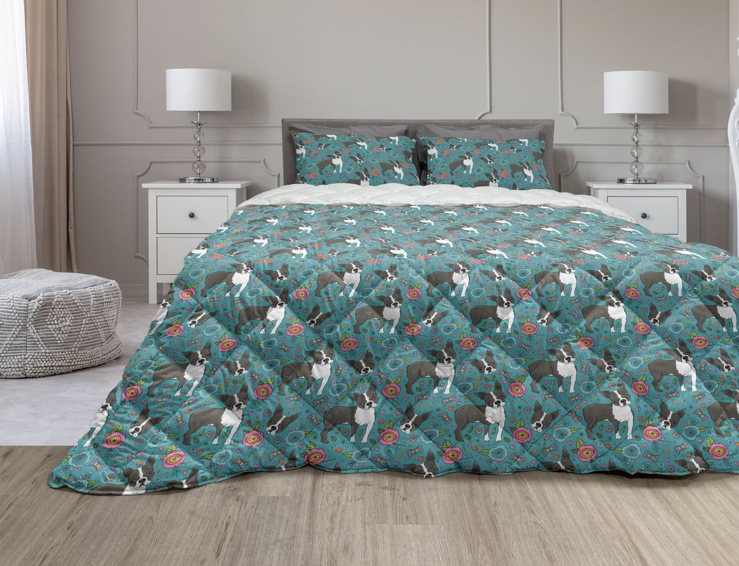Dog Comforter & Sham Bedding Set, Illustration of Boston Terrier ...