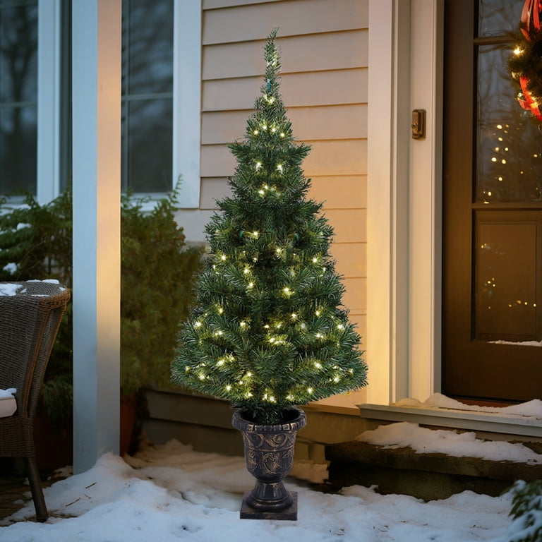 Set of 2 4Ft Pre Lit LED Artificial Pine Christmas Tree with Urn Pot
