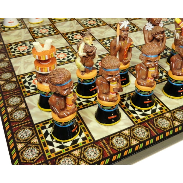 AUSTRALIAN ABORIGINES TRIBE CHESS SET W/ 14" MOSAIC COLOR BOARD ...
