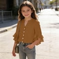 Coerni Girls Flowy Linen Blouses 3/4 Ruffle Bell Sleeve V-Neck Shirts ...