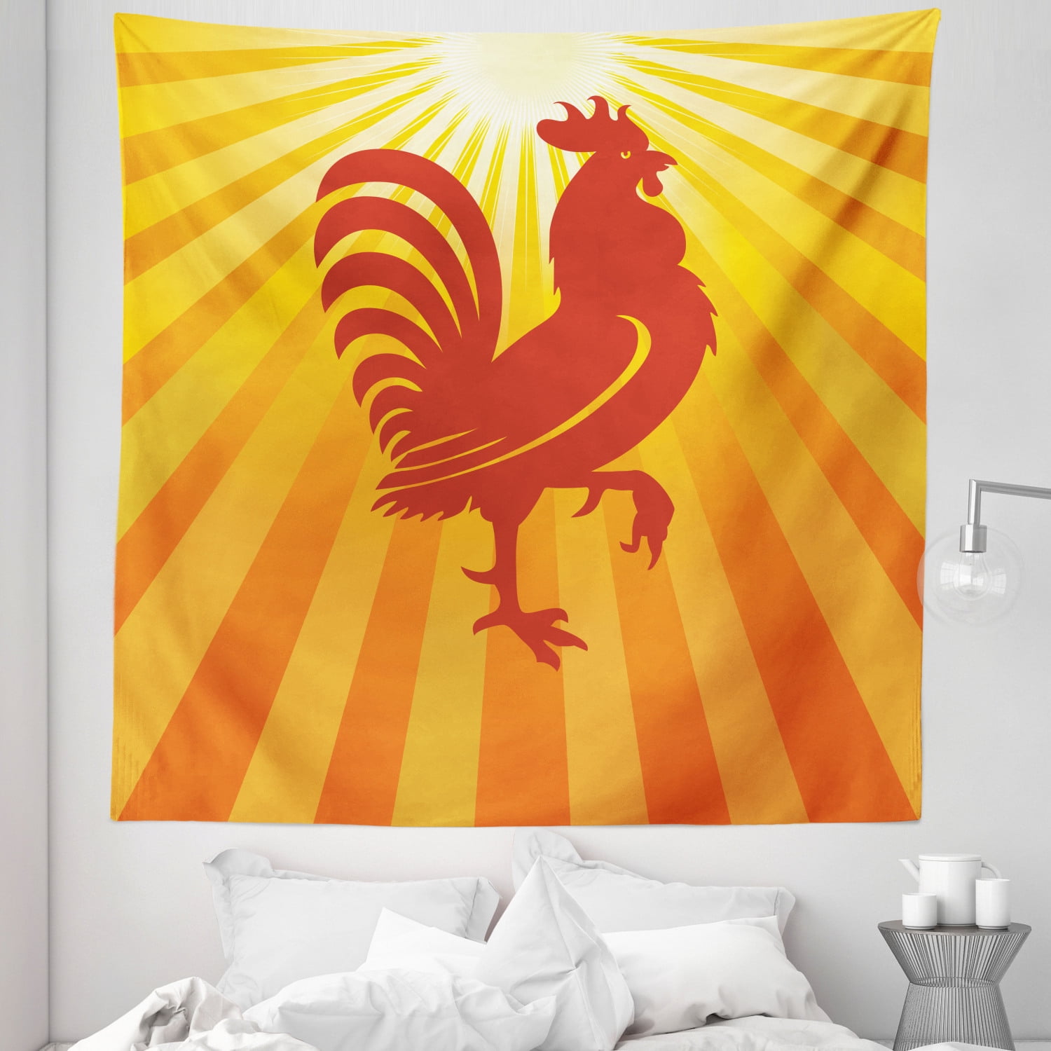 Rooster Tapestry, Morning Time Illustration in Orange Color Palette ...