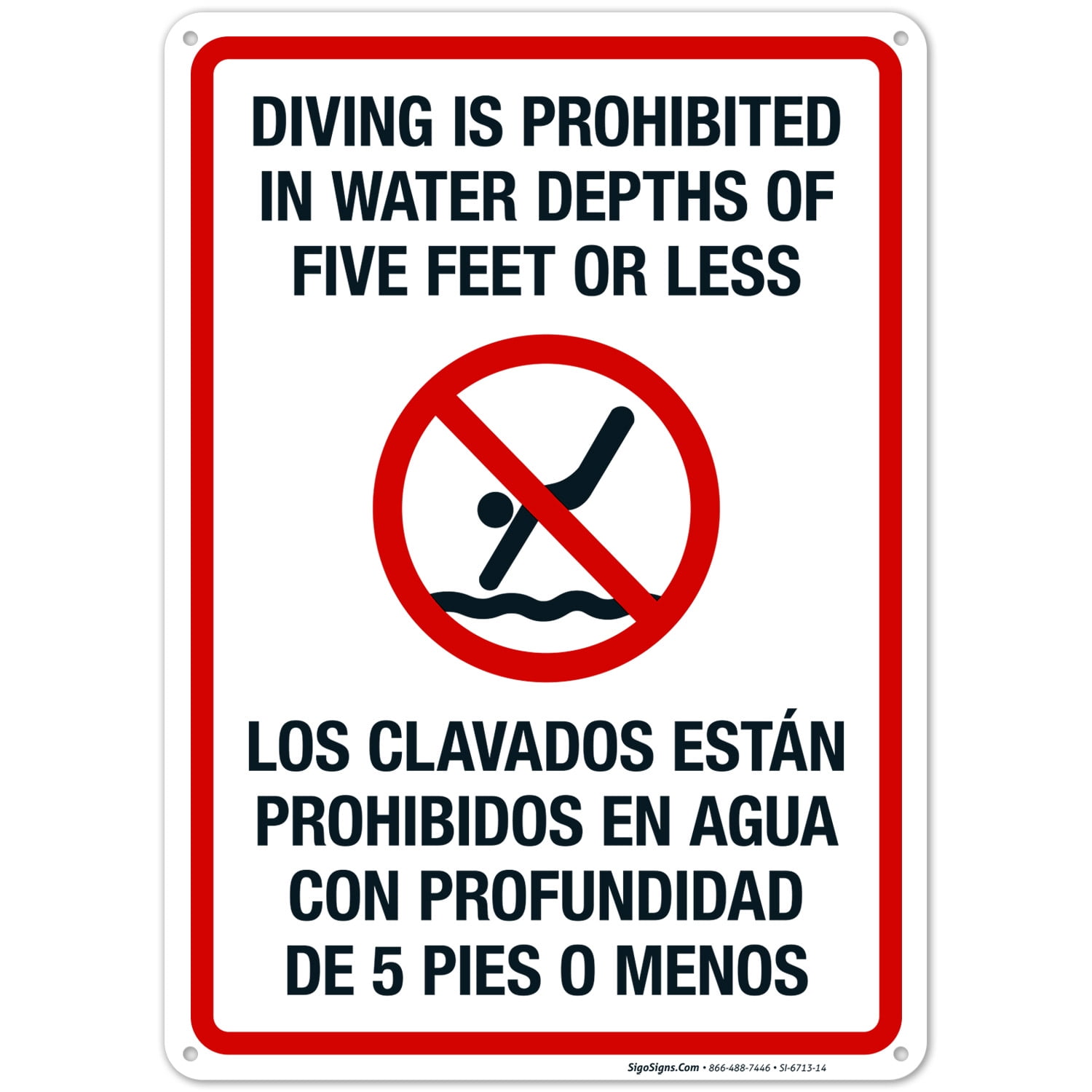 Diving Is Prohibited In Water Depths Of Five Feet Or Less Sign, Pool ...