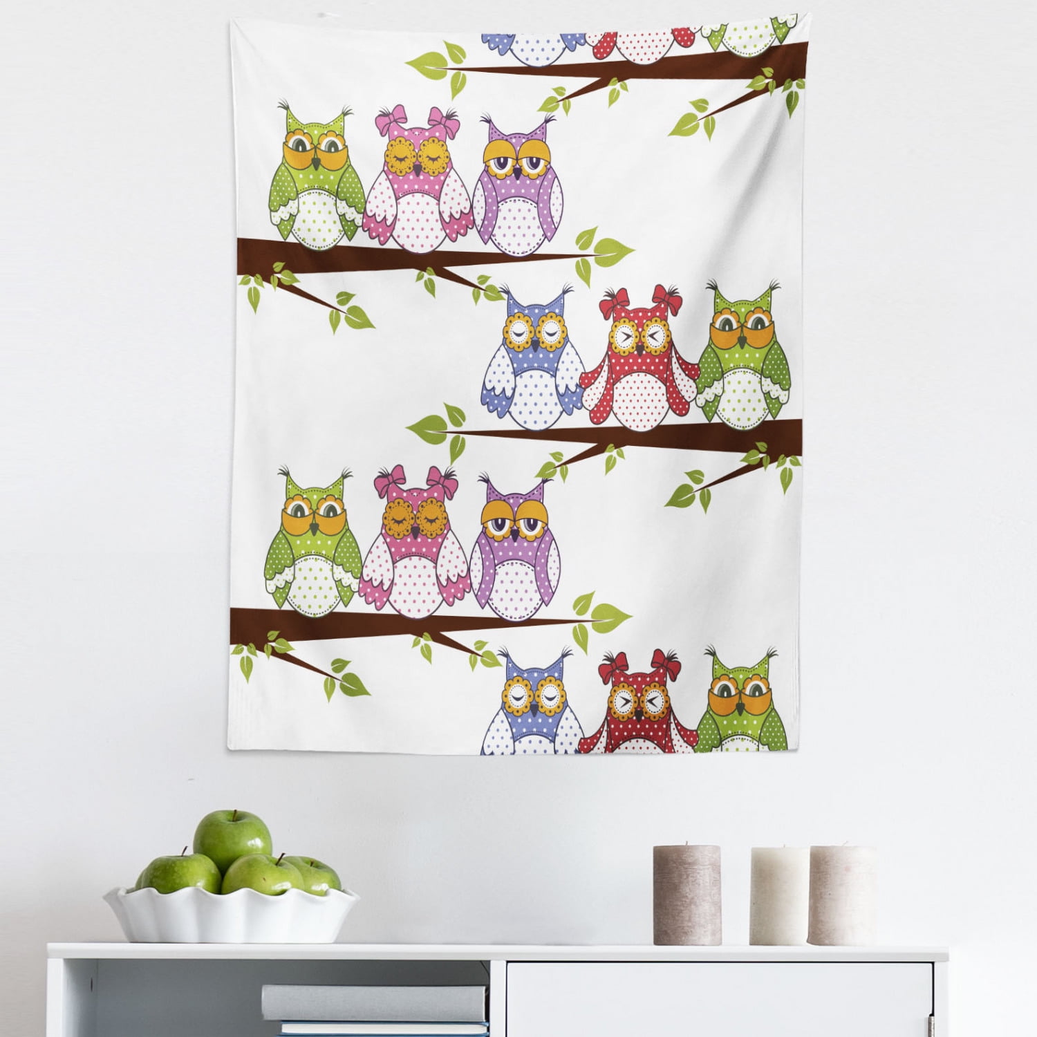 Owls Tapestry, Owls on the Tree Branches Sitting in Horizontal Line ...