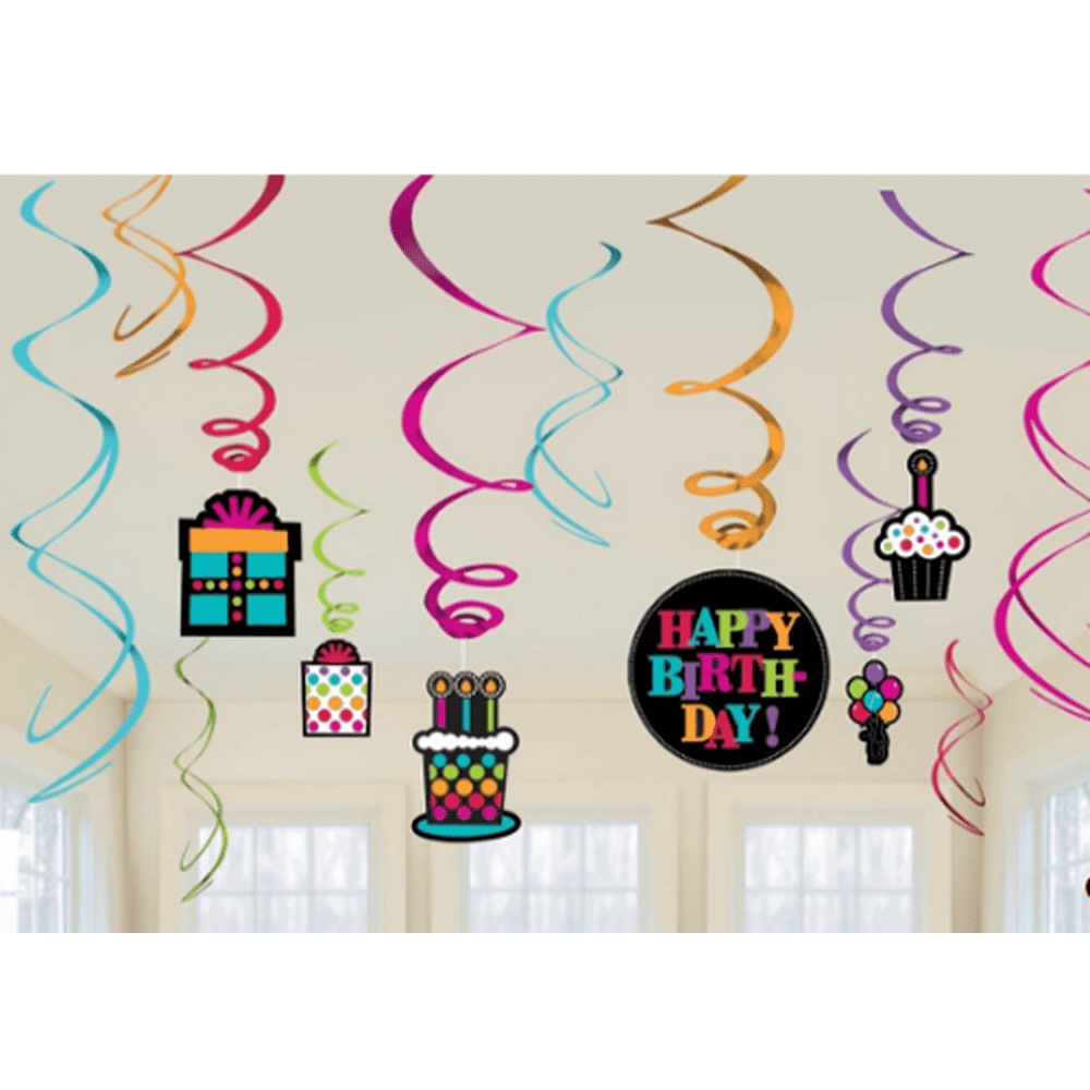 Happy Birthday 'Party On Celebration' Hanging Swirl Decorations (12pc ...