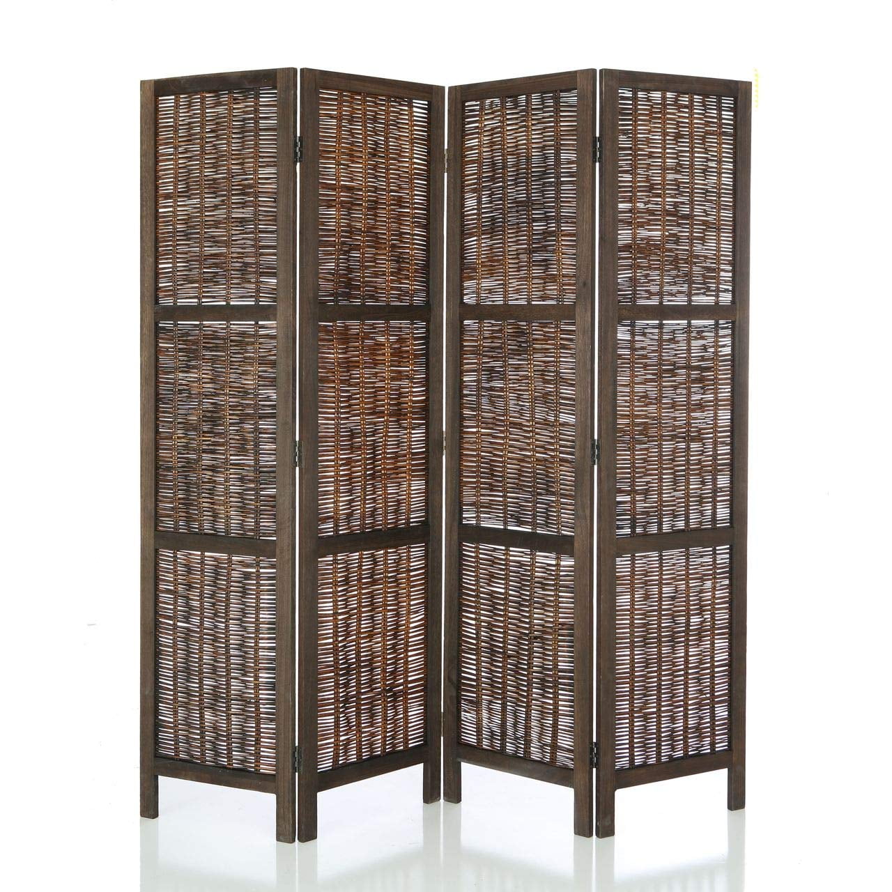 Legacy Decor Wicker and Wood Antique 4 Panel Room Divider, 67" Tall ...