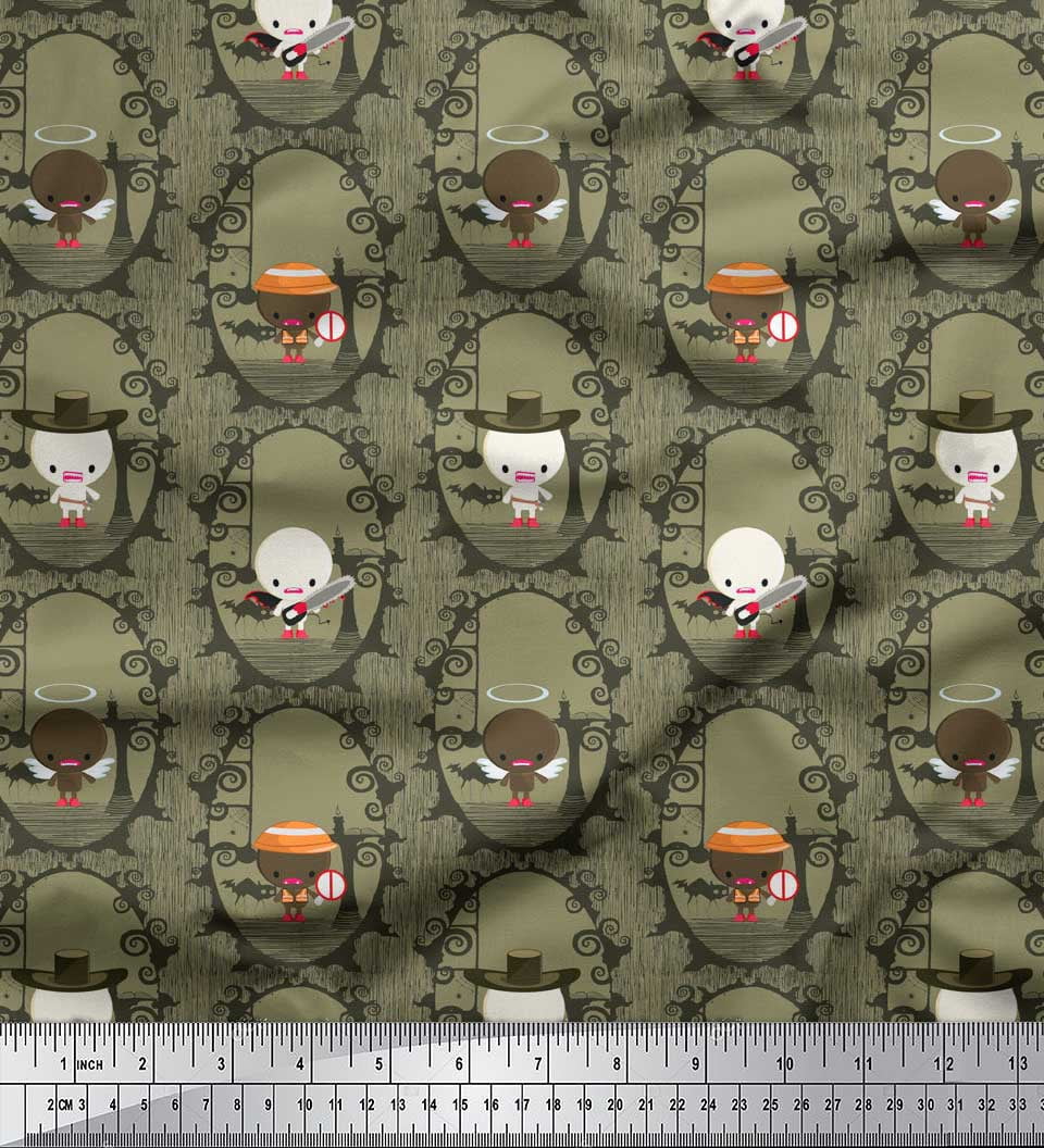 Soimoi Green Poly Georgette Fabric Hat & Devil Cartoon Fabric Prints By ...