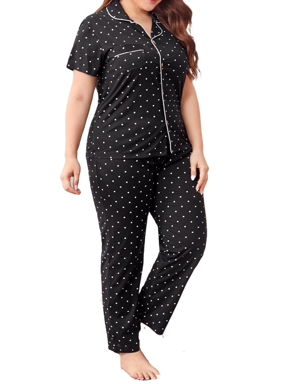 Casual Polka Dot Lapel Pant Sets Short Sleeve Black Plus Size Pajama ...