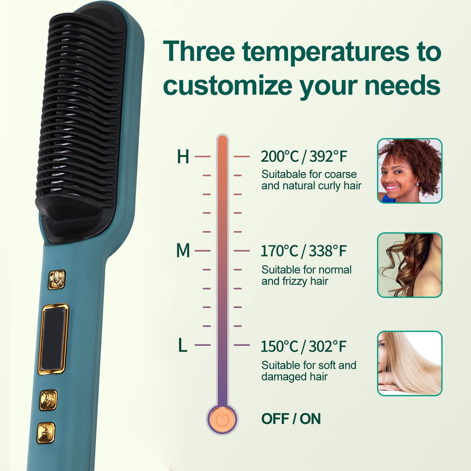 Hair Straightener Brush - Fast Heating Ceramic Comb & Iron with 3 Temp ...