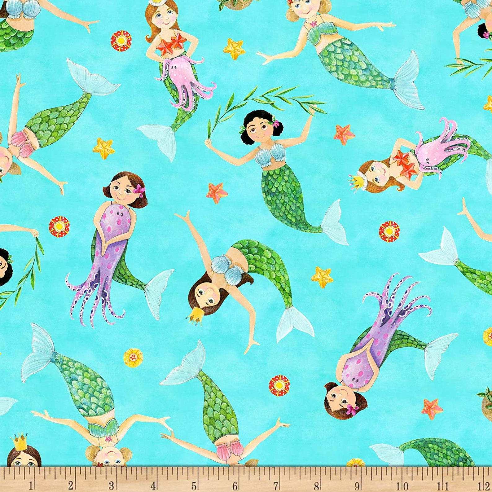 Elizabeth's Studio Little Mermaids Blue 100% Cotton Sold By The Yard ...