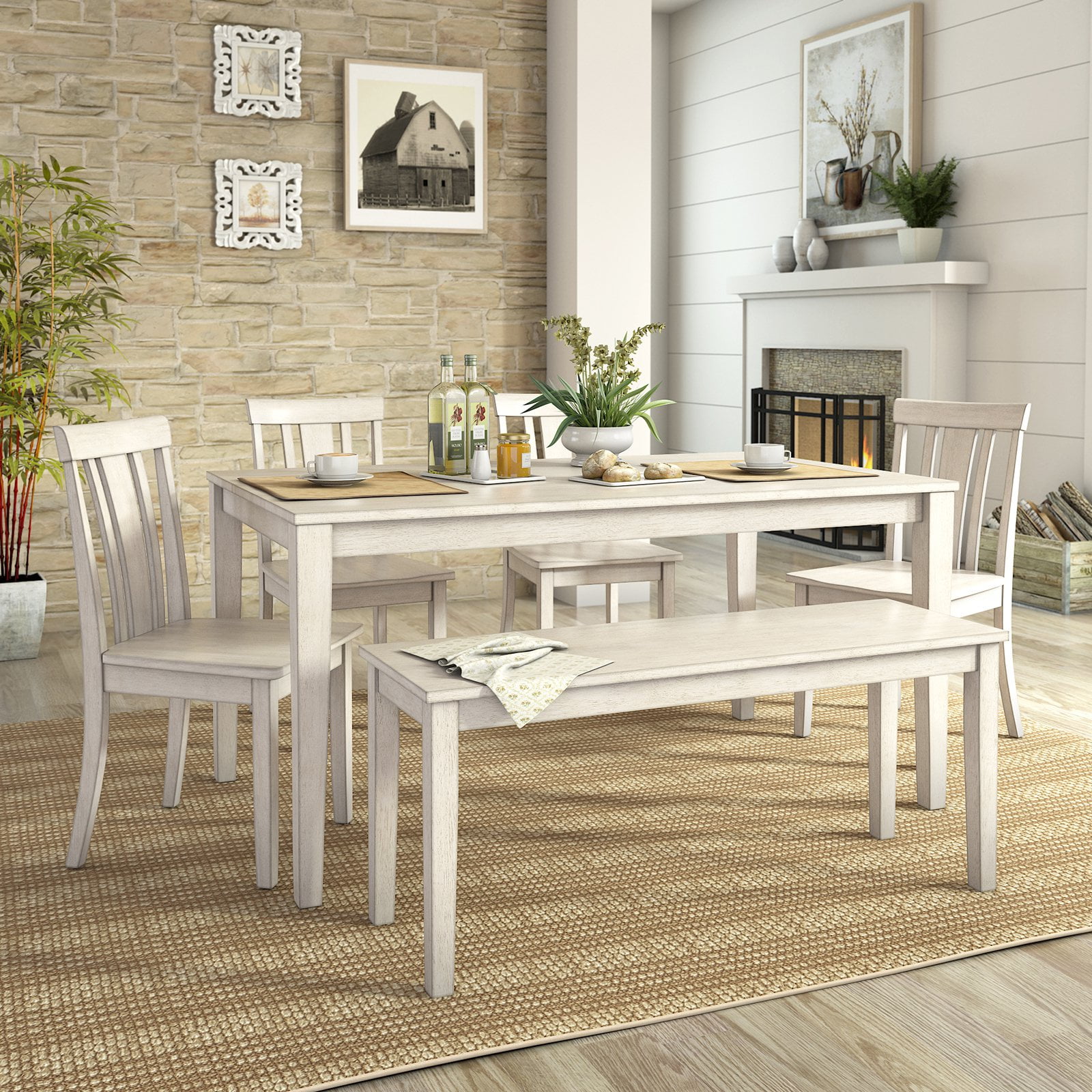 Lexington Large Dining Set with Bench and 4 Slat Back Chairs, White ...