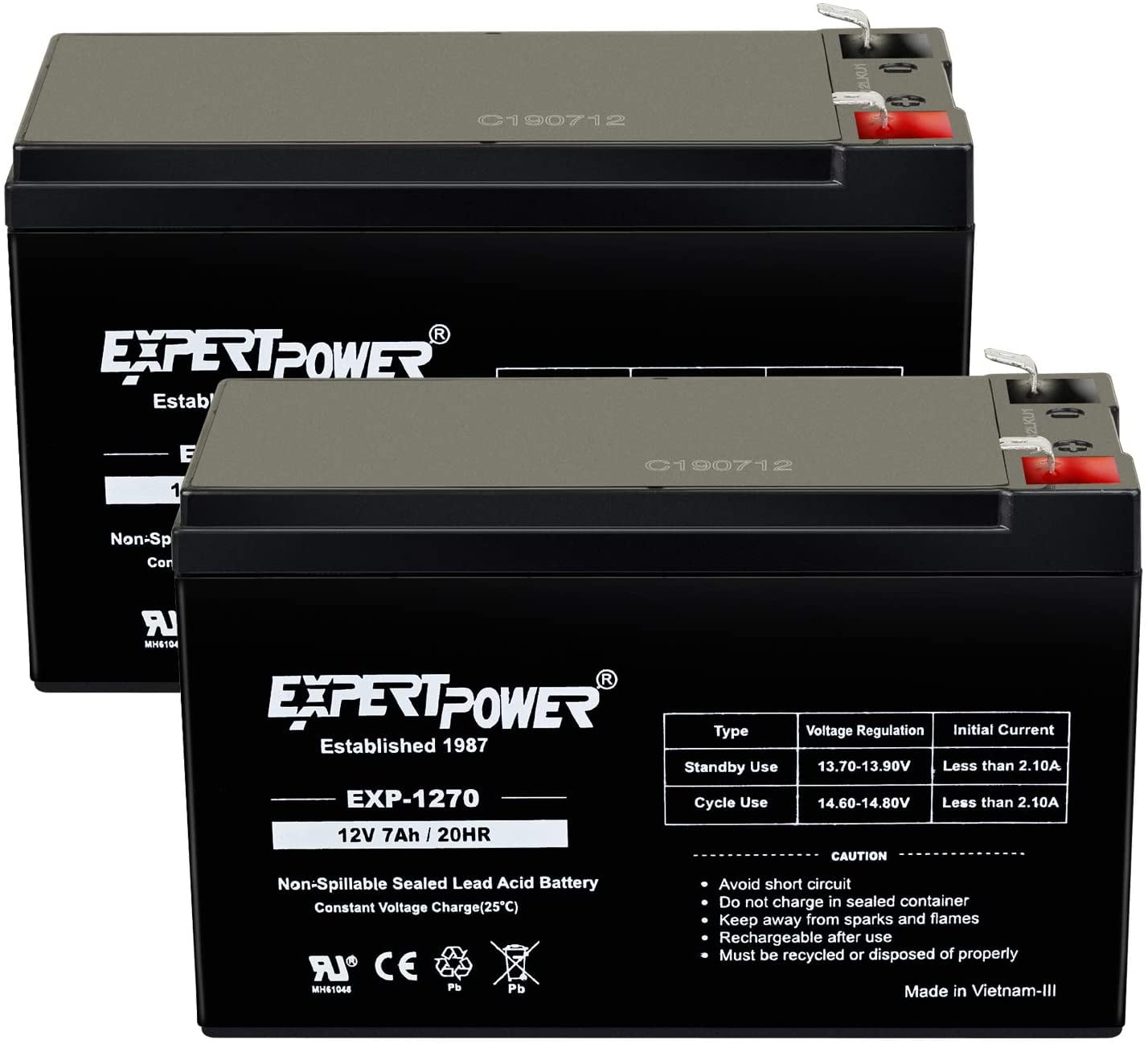 ExpertPower Standard 12V 7AH Rechargeable SLA Battery, (EXP1270-2) - 2 ...