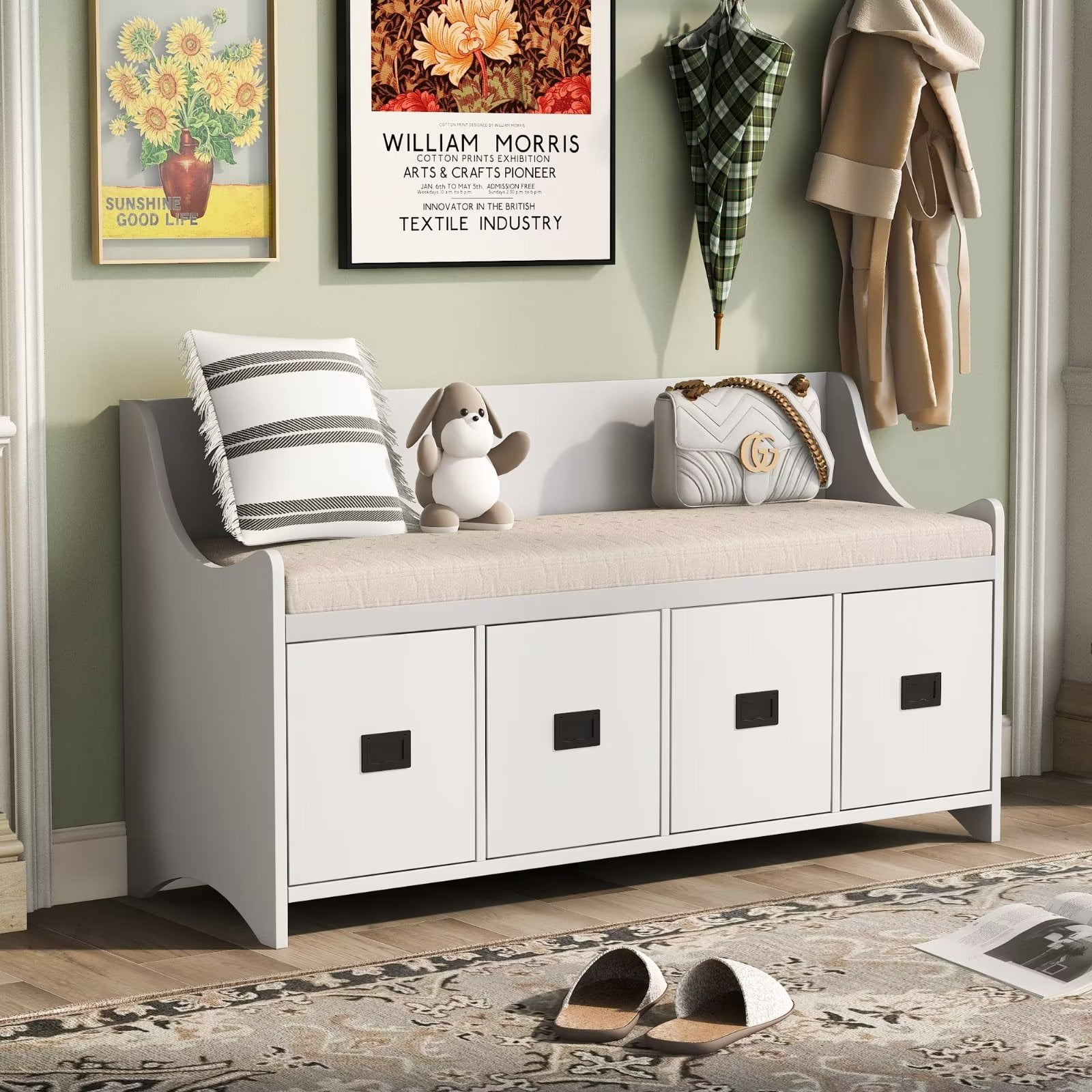 48 Storage Bench Wooden Long Bench Chair With 4 Drawers And Removable
