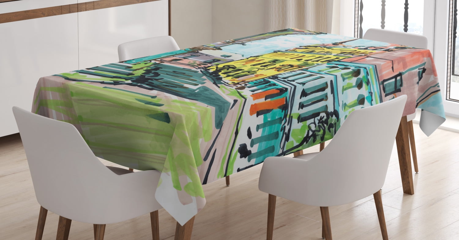 Fine Art Tablecloth, Watercolor Sketch Style Hand Drawn City Scenery ...