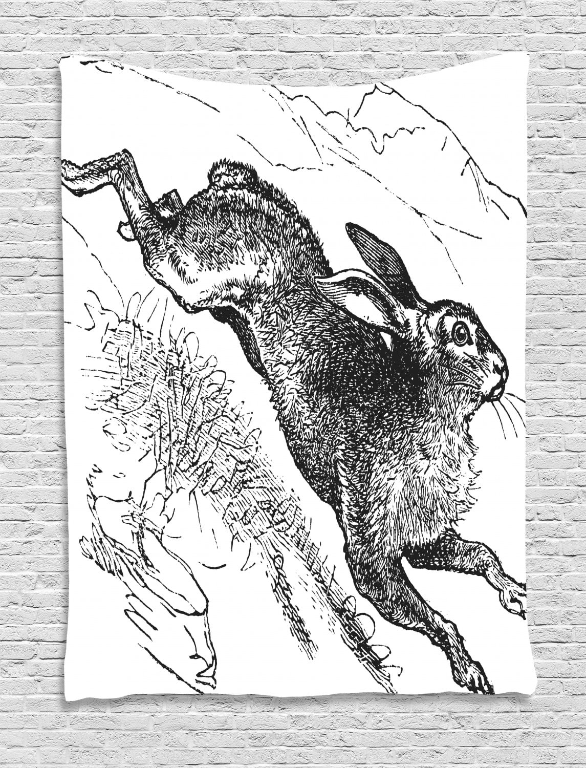 Bunny Tapestry, Pencil Sketch Drawing of a Mountain Hare Running down ...