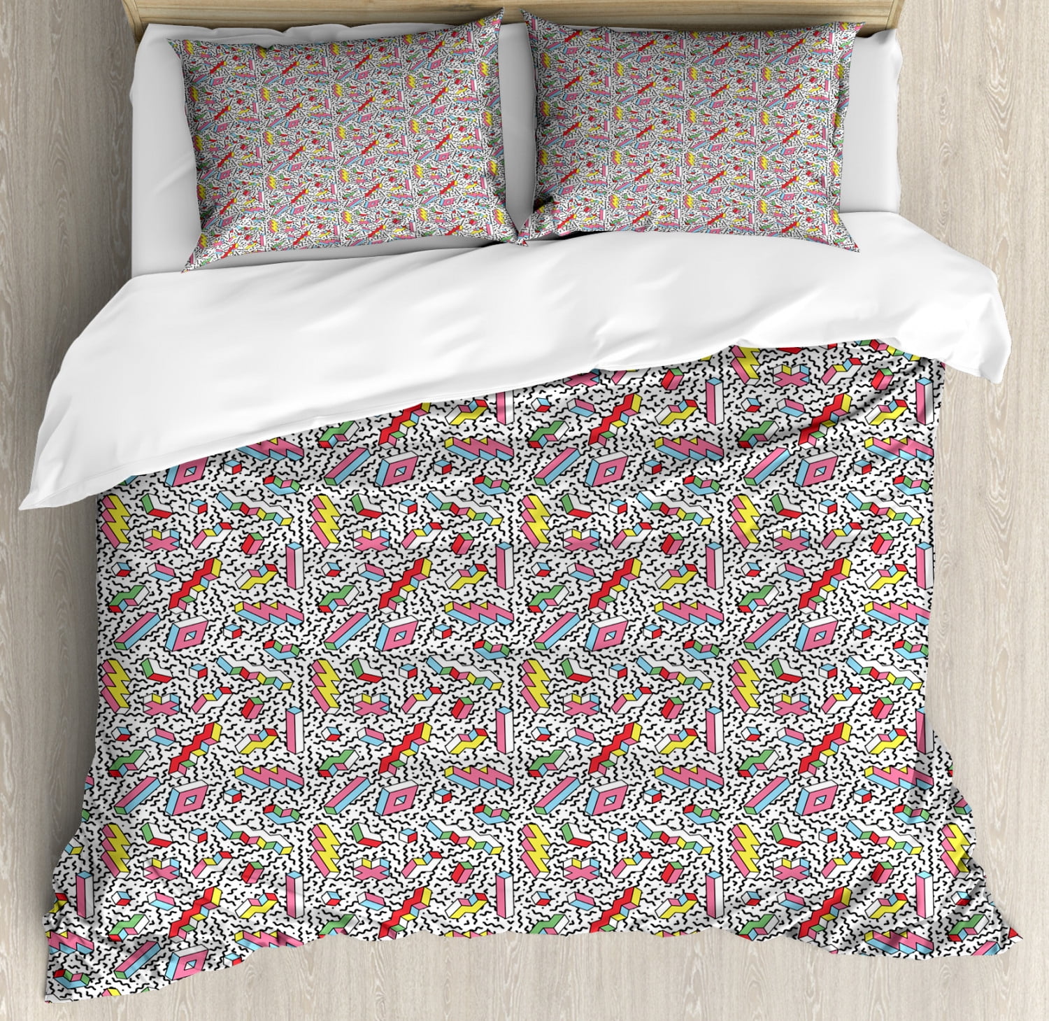 Funky Duvet Cover Set Queen Size, Memphis Pattern with Mosaic 3D Shapes ...