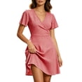 Asgosdo Women Summer Dresses Short Sleeve V Neck Waisted Grid Casual ...