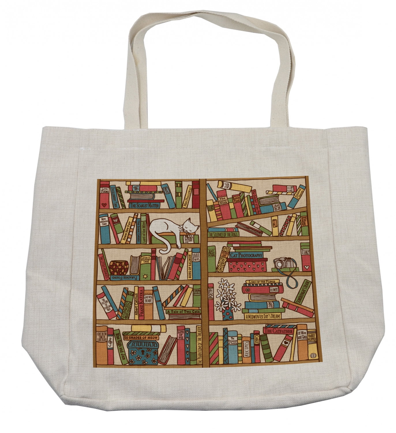Cat Shopping Bag, Nerd Book Lover Kitty Sleeping over Bookshelf Library ...