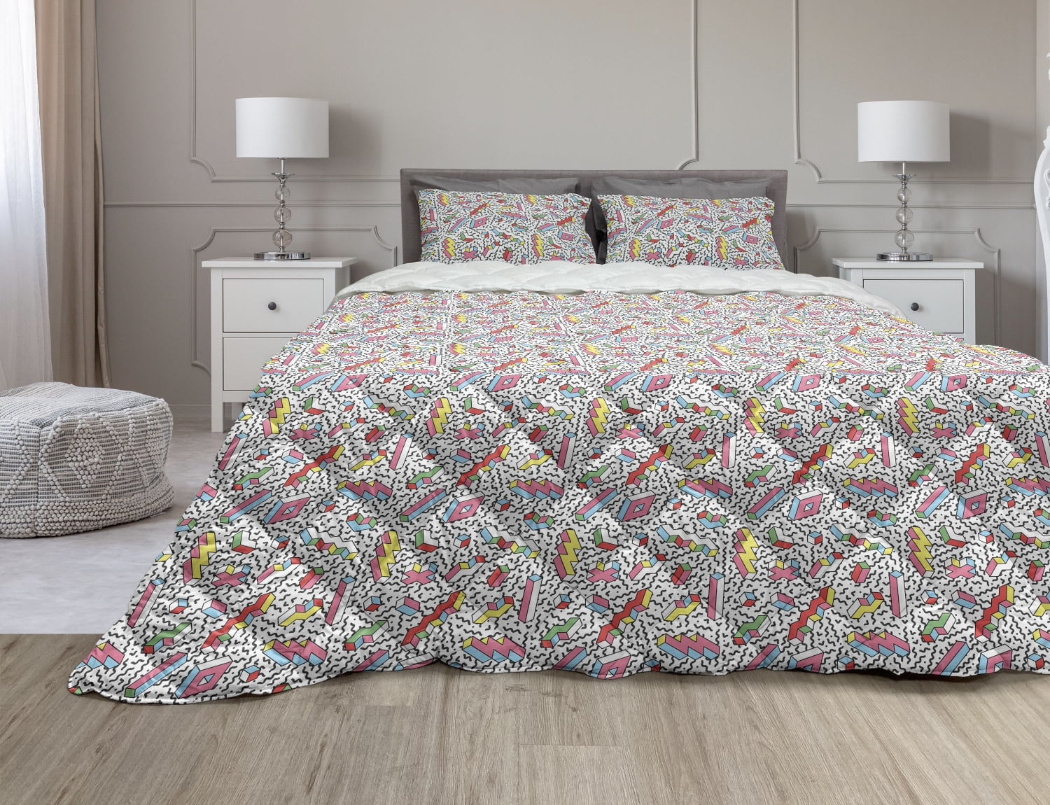 Funky Comforter & Sham Bedding Set, Memphis Pattern with Mosaic 3D ...