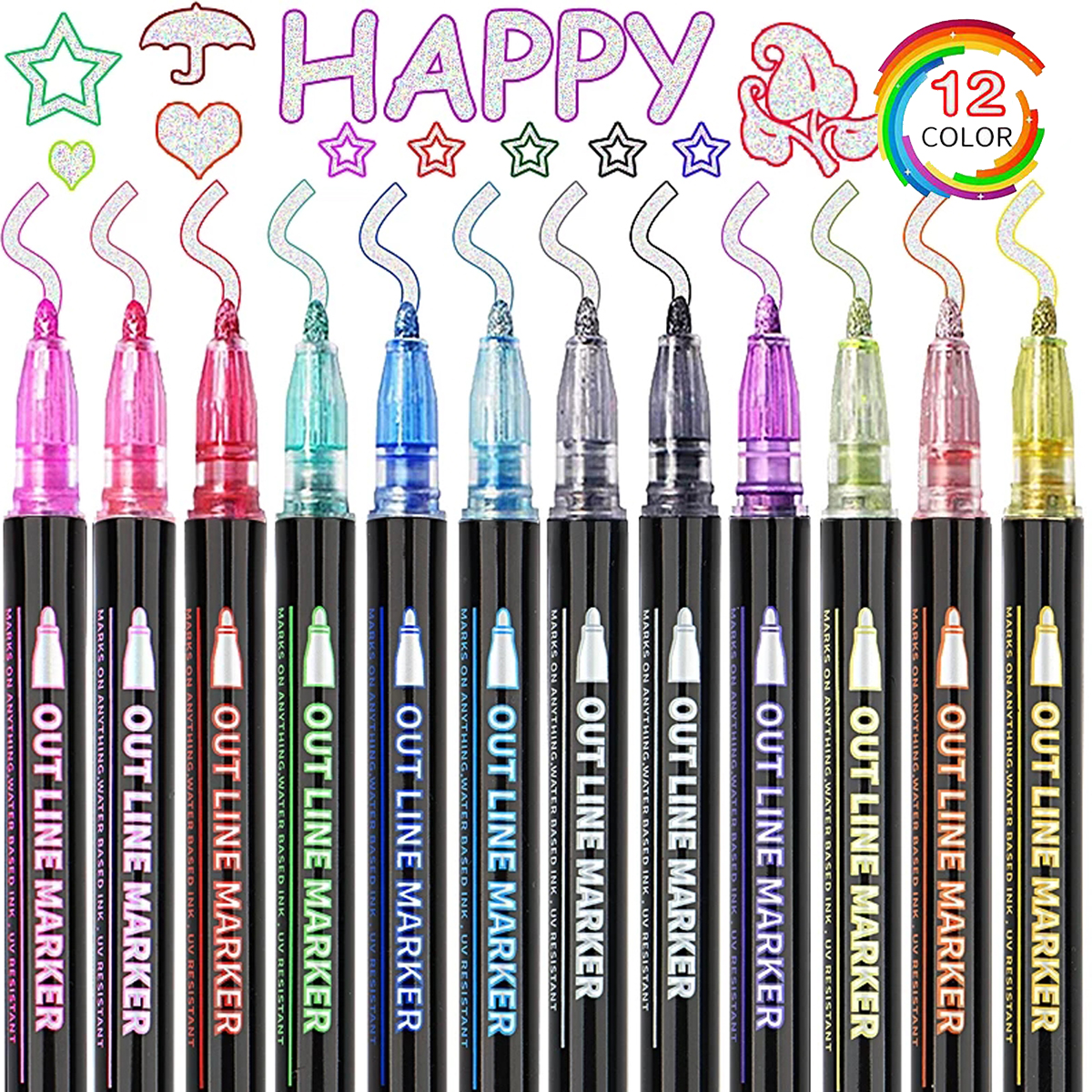 Metallic Self Outline Markers, 12 Colors Dual Line Outline Marker for ...