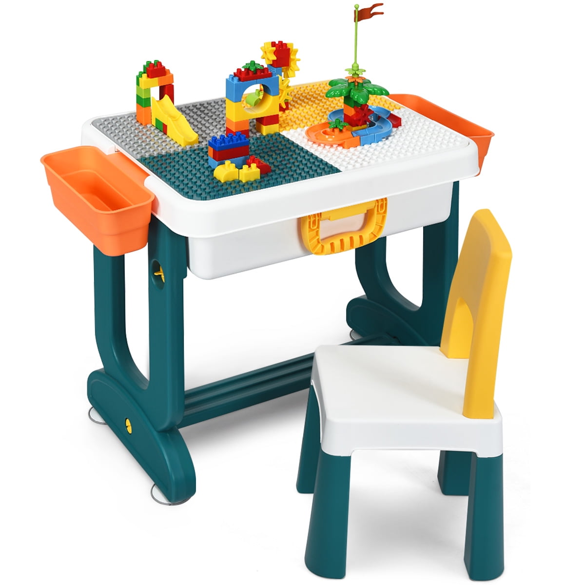 Topbuy Kids 5-In-1 Building Block Table with Chair & Double-Sided Table ...